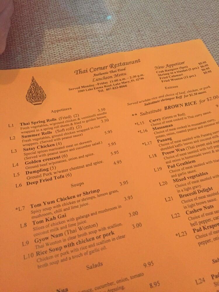 Menu at Thai Corner restaurant, Lake Mary