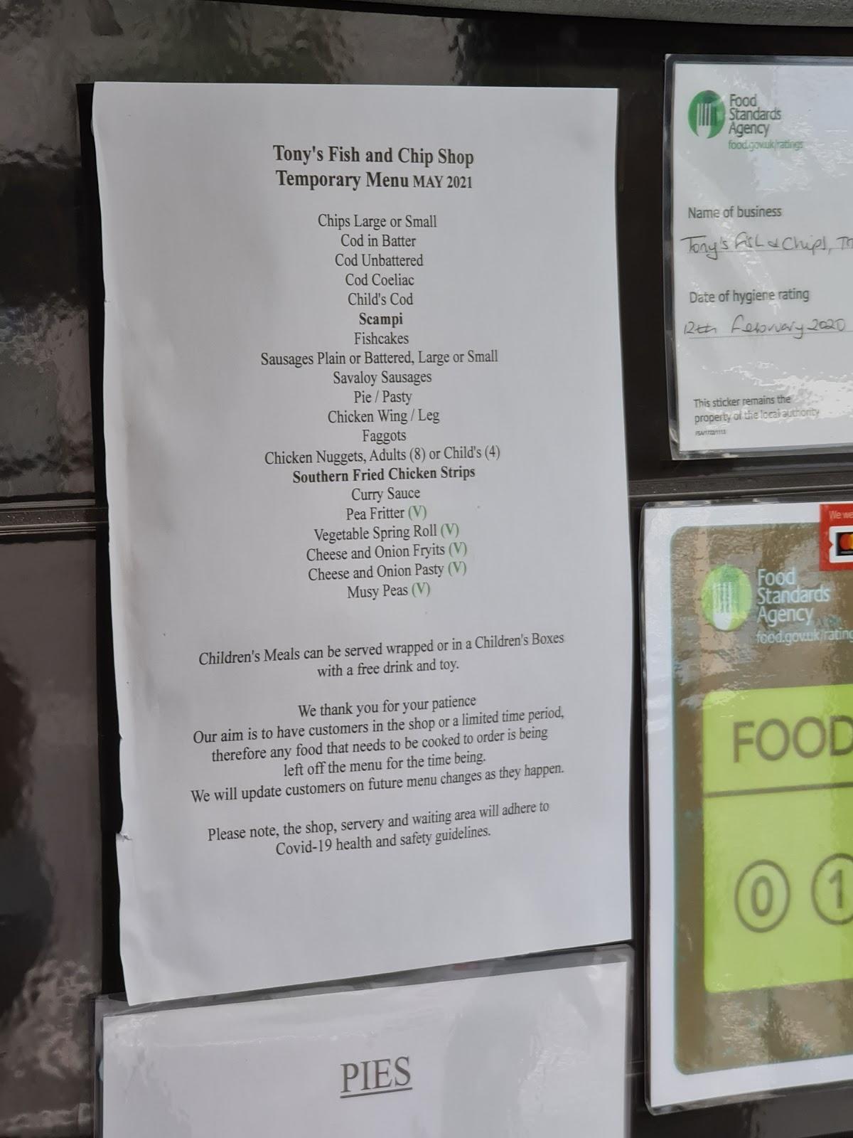 Menu at Tony's Fish & Chips fast food, Somerton