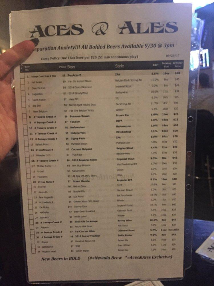 Menu at Aces & Ales restaurant, Las Vegas, N Tenaya Way