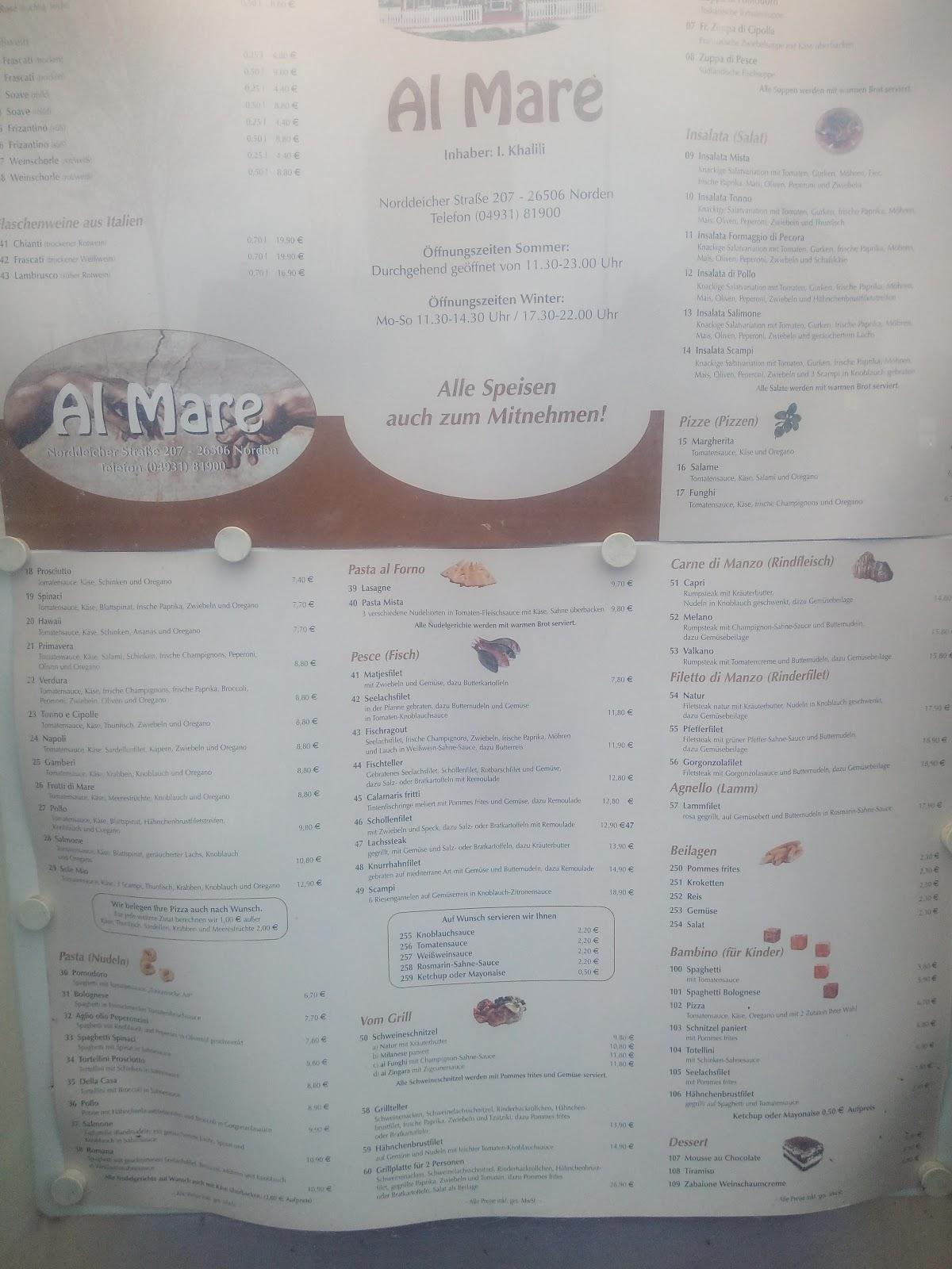 Menu at Al Mare pizzeria, Norden