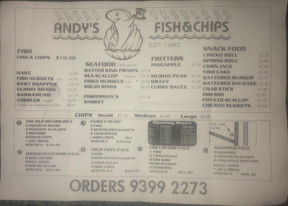 Menu at Andy's Fish & Chips fast food, Kelmscott, 6/24-26 Commerce Ave