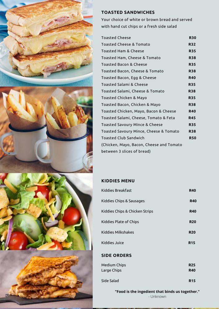 Menu at Bietjie Bederf restaurant, Bloemfontein