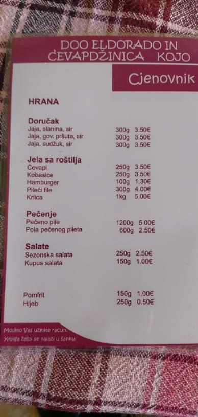 Menu at Cevabdzinica Kojo restaurant, Kolasin