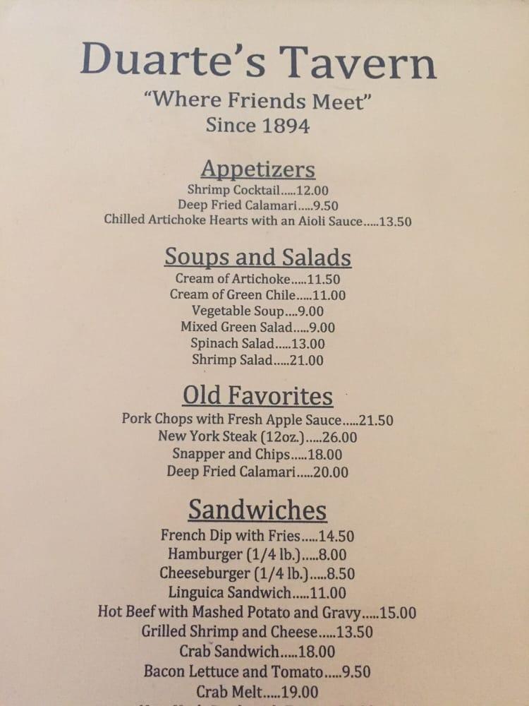 Menu at Duarte's Tavern restaurant, Pescadero
