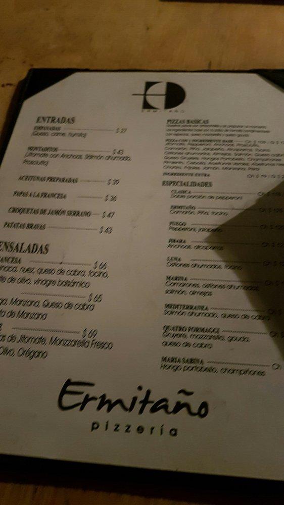 Menu at L'Hermitaño pizzeria, Mexico City, Calle Hamburgo 40-42