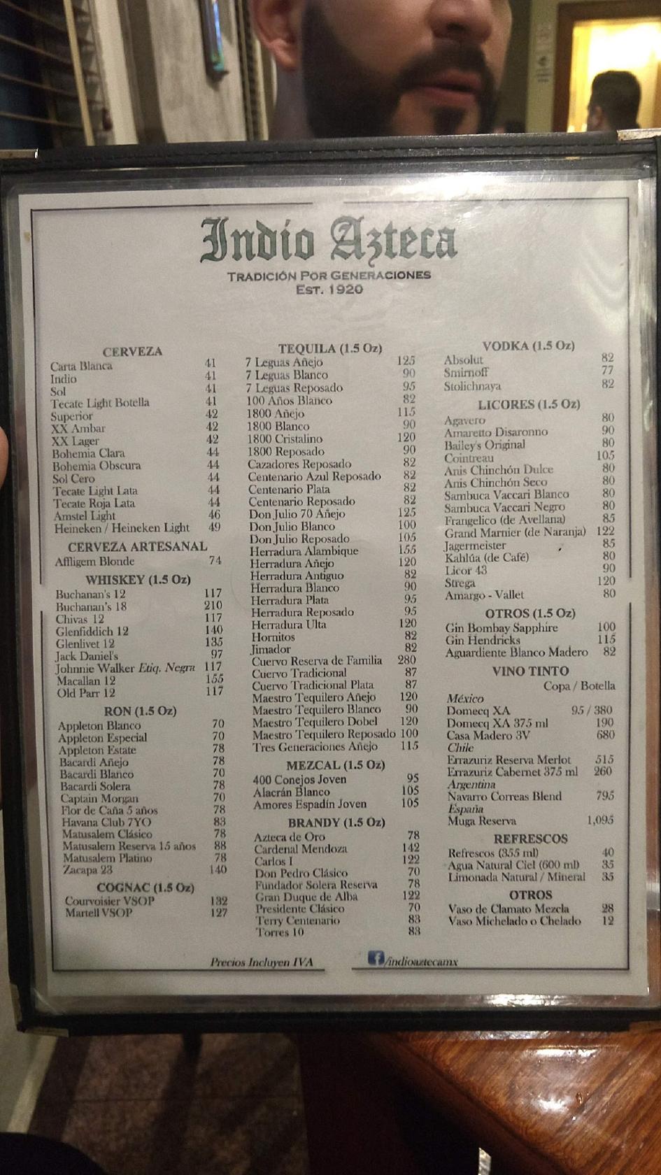 Menu at Indio Azteca pub & bar, Monterrey, Av. Francisco I. Madero 1101