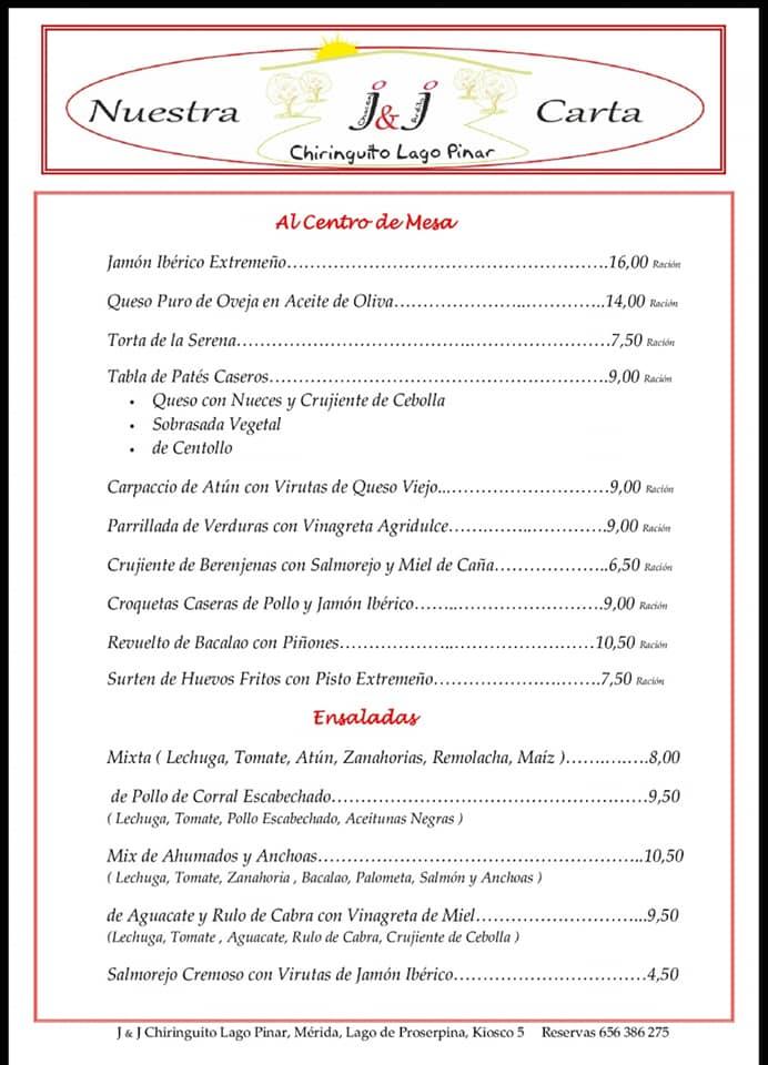 Menu at J. & J. Chiringuito Lago Pinar pub & bar, Urbanización de ...