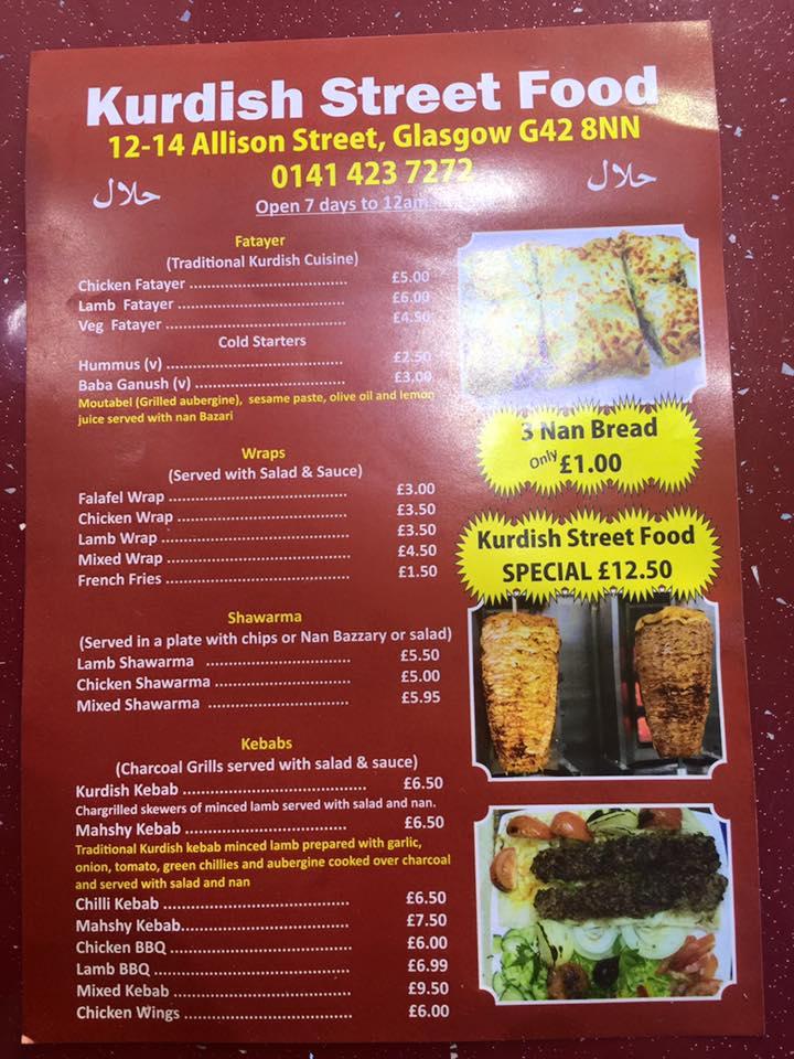 Menu at Kurdish Street Food fast food, Glasgow