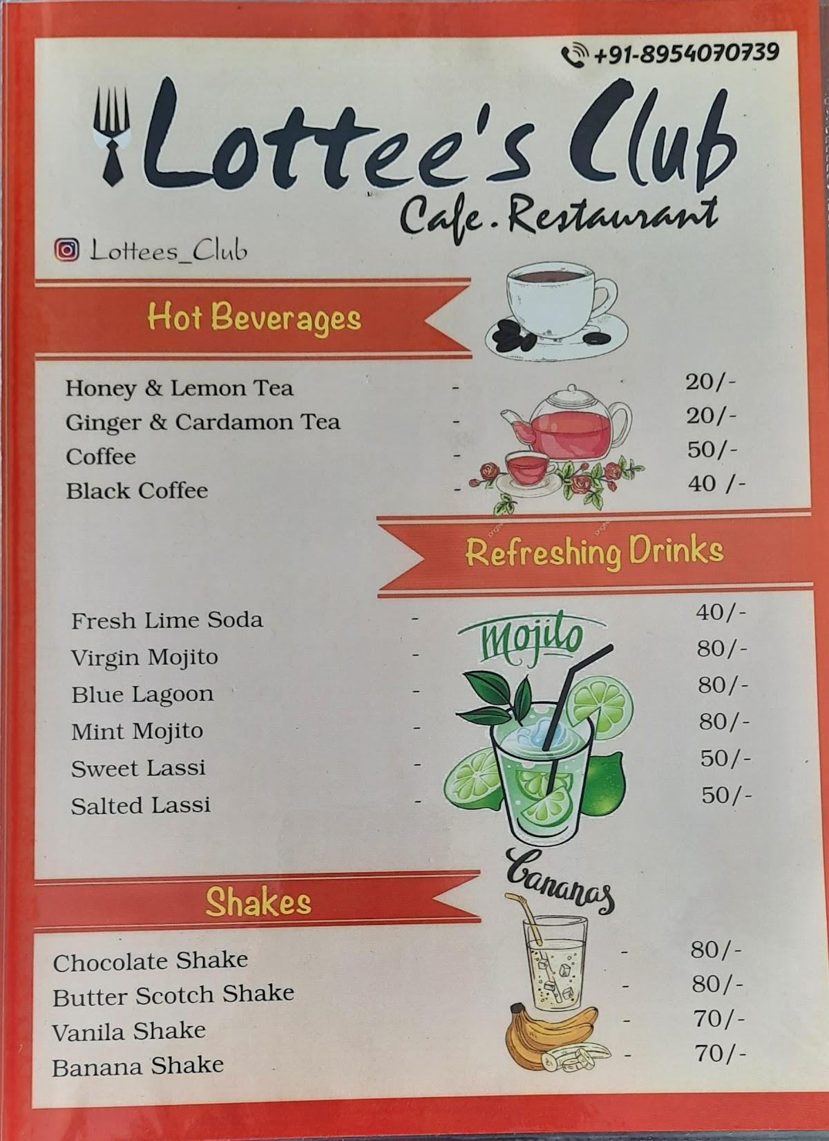 Menu at Lottee's club, Dehradun
