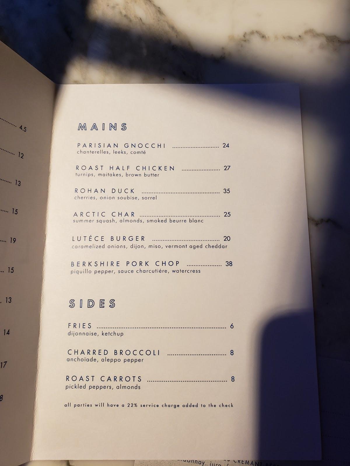 Menu at Lutèce. pub & bar, Washington