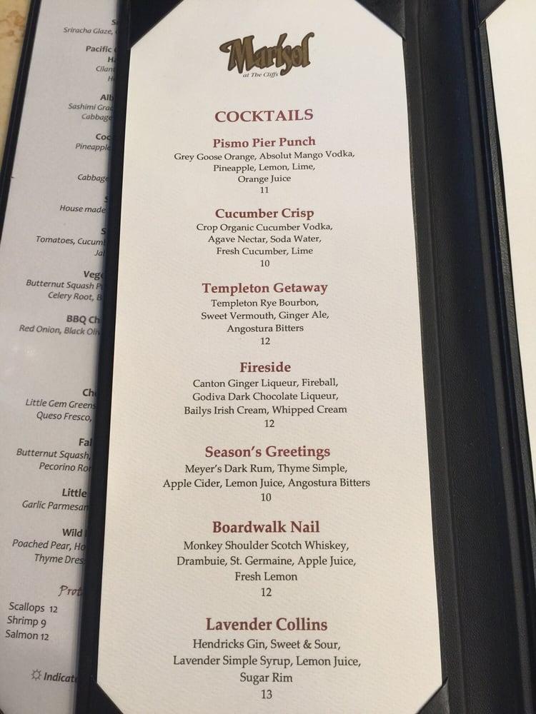Menu at Marisol at The Cliffs restaurant, Pismo Beach