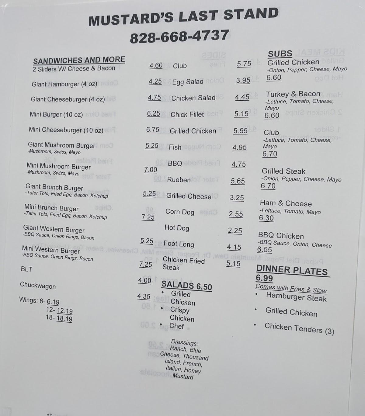 Carta del restaurante Mustard's Last Stand, Old Fort
