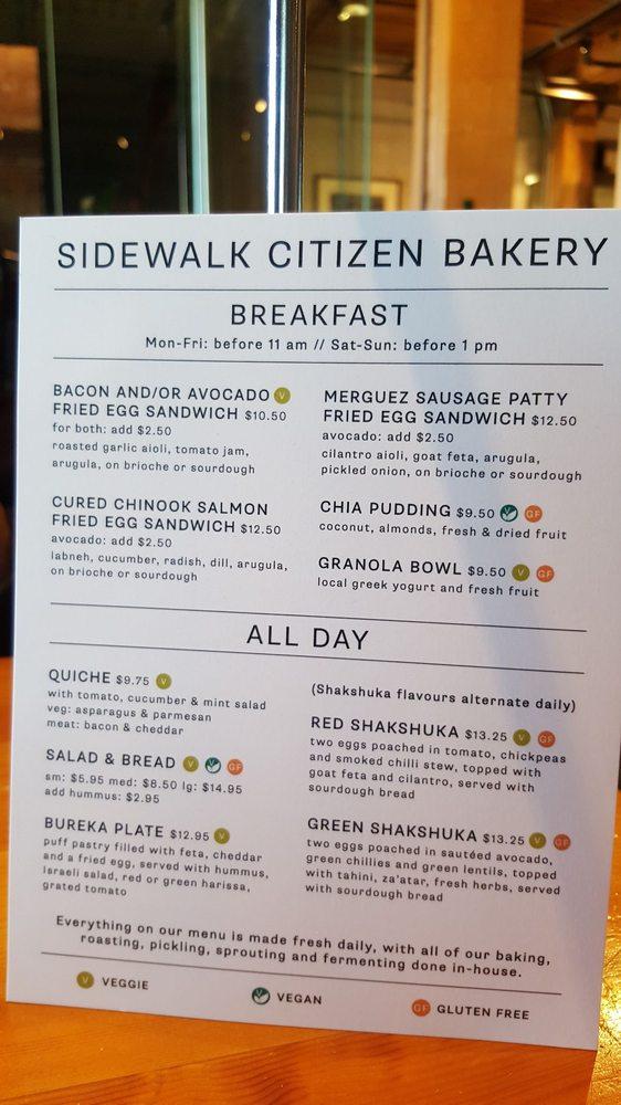 Menu at Sidewalk Citizen Bakery, Calgary, 618 Confluence Way SE