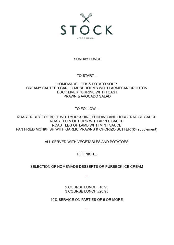 Menu at Stock restaurant, Poole