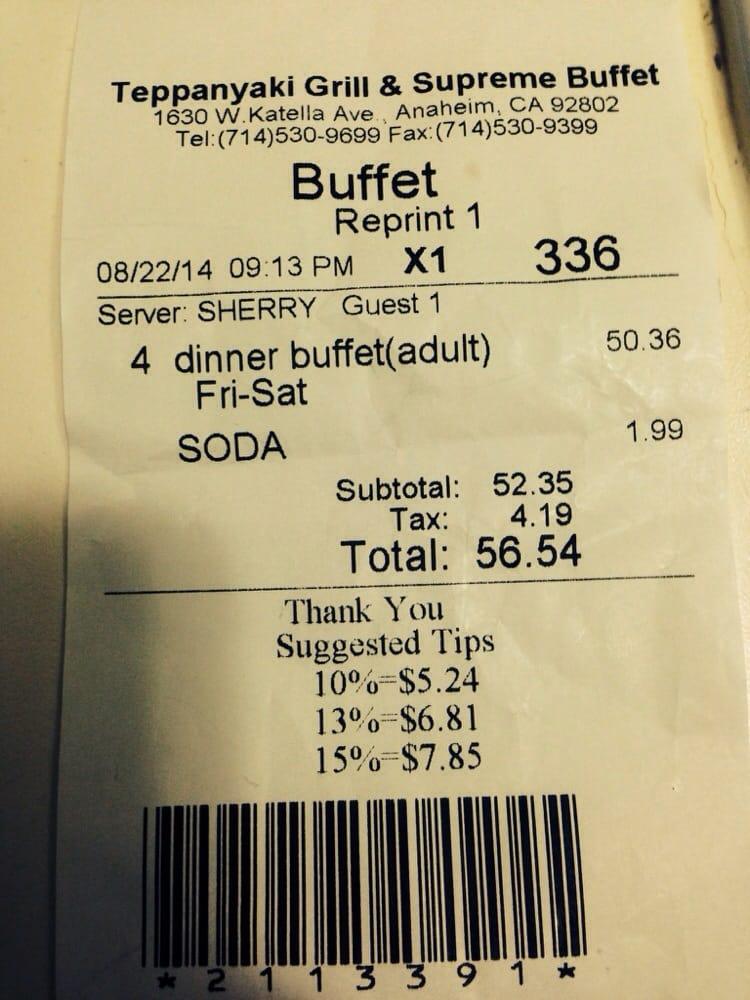 Menu at Teppanyaki Grill Supreme Buffet restaurant, Anaheim