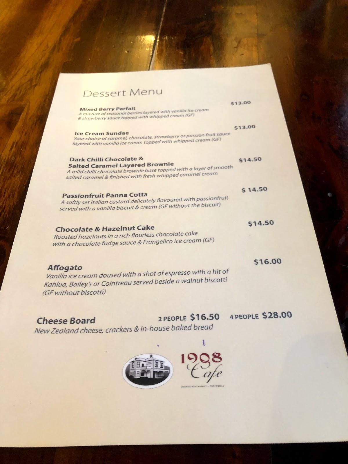 Menu at 1908 Restaurant, Dunedin