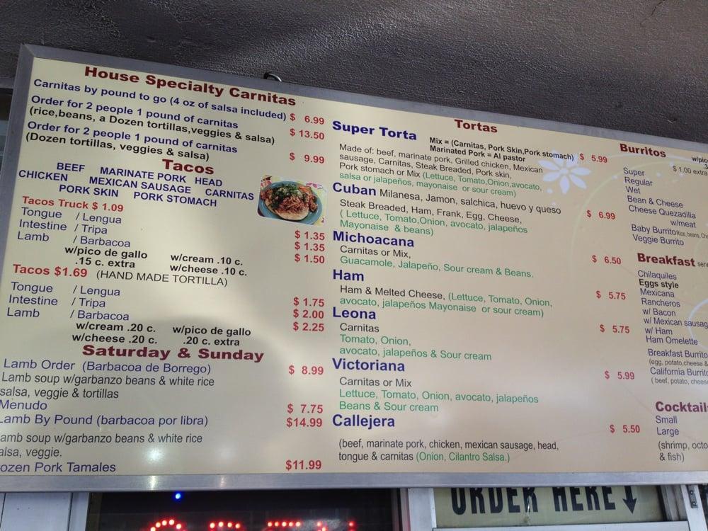 Menu at Carnitas Michoacan restaurant, Ceres