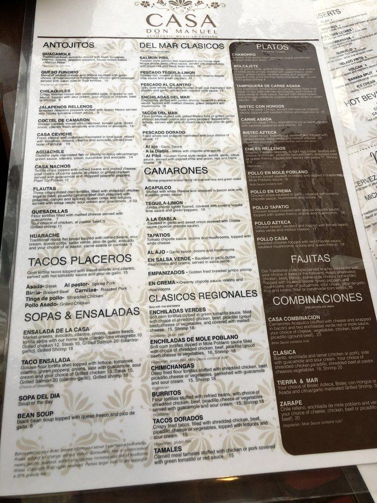 Menu at Casa Don Manuel restaurant, Wayne