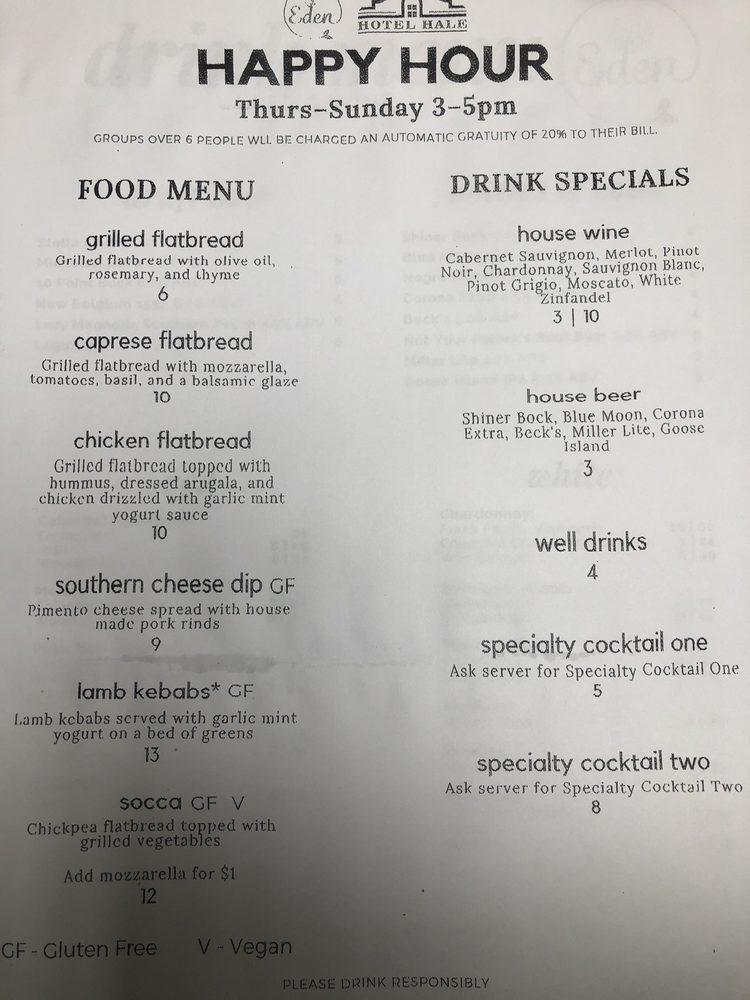Menu at Hotel Hale restaurant, Hot Springs