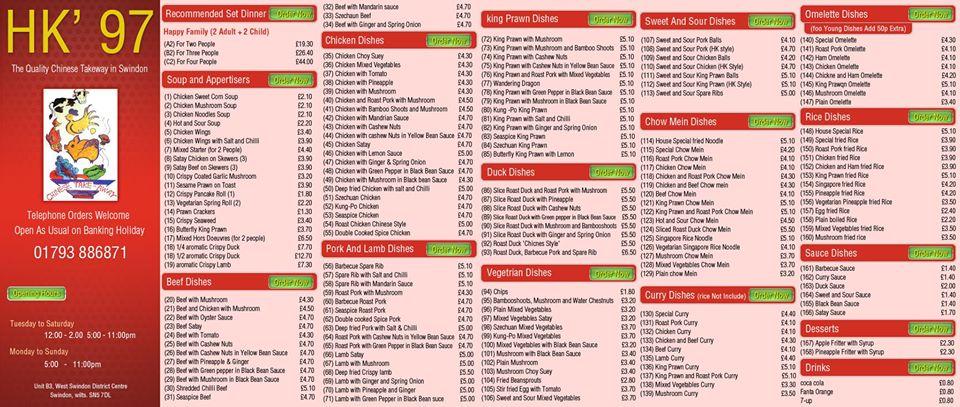 Menu at HK'97 restaurant, Swindon