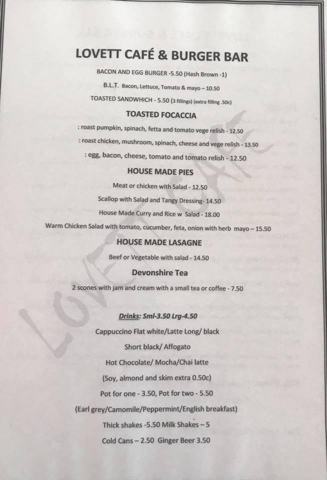 Menu at Lovett Cafe, Cygnet