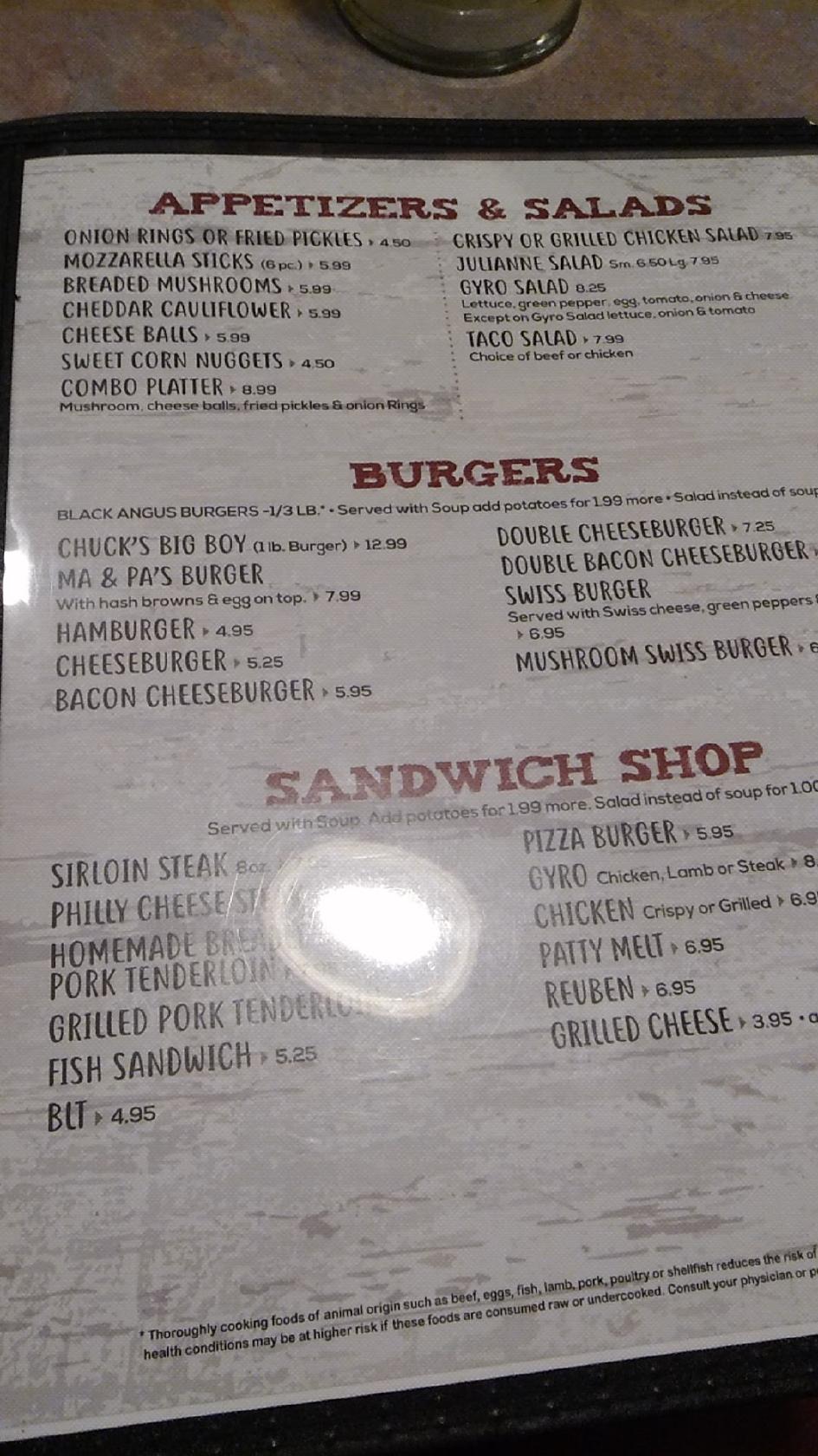 Menu at Ma & Pa's Diner restaurant, Oelwein