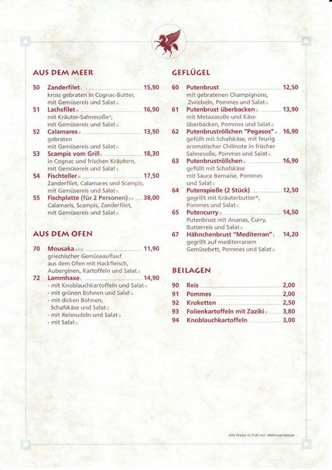Menu at Pegasus restaurant, Heitersheim