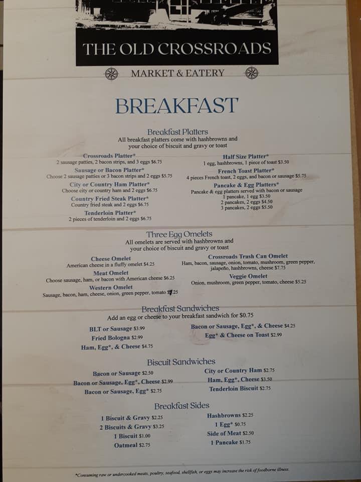 Menu at The Old Crossroads Market and Eatery, Cookeville