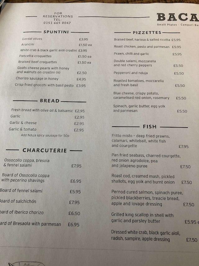 Menu at Bacaro pub & bar, Liverpool