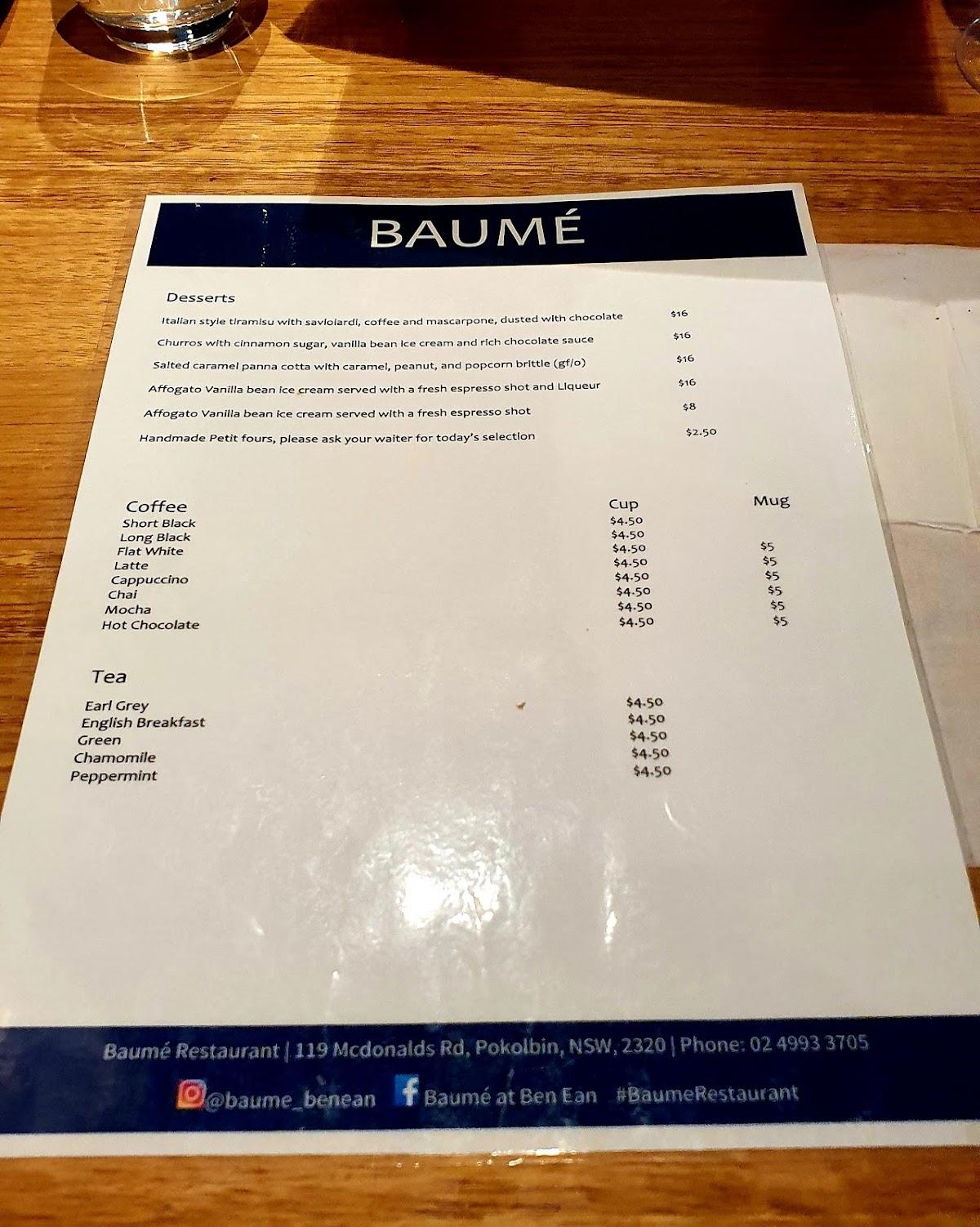 Menu at Baumé restaurant, Pokolbin