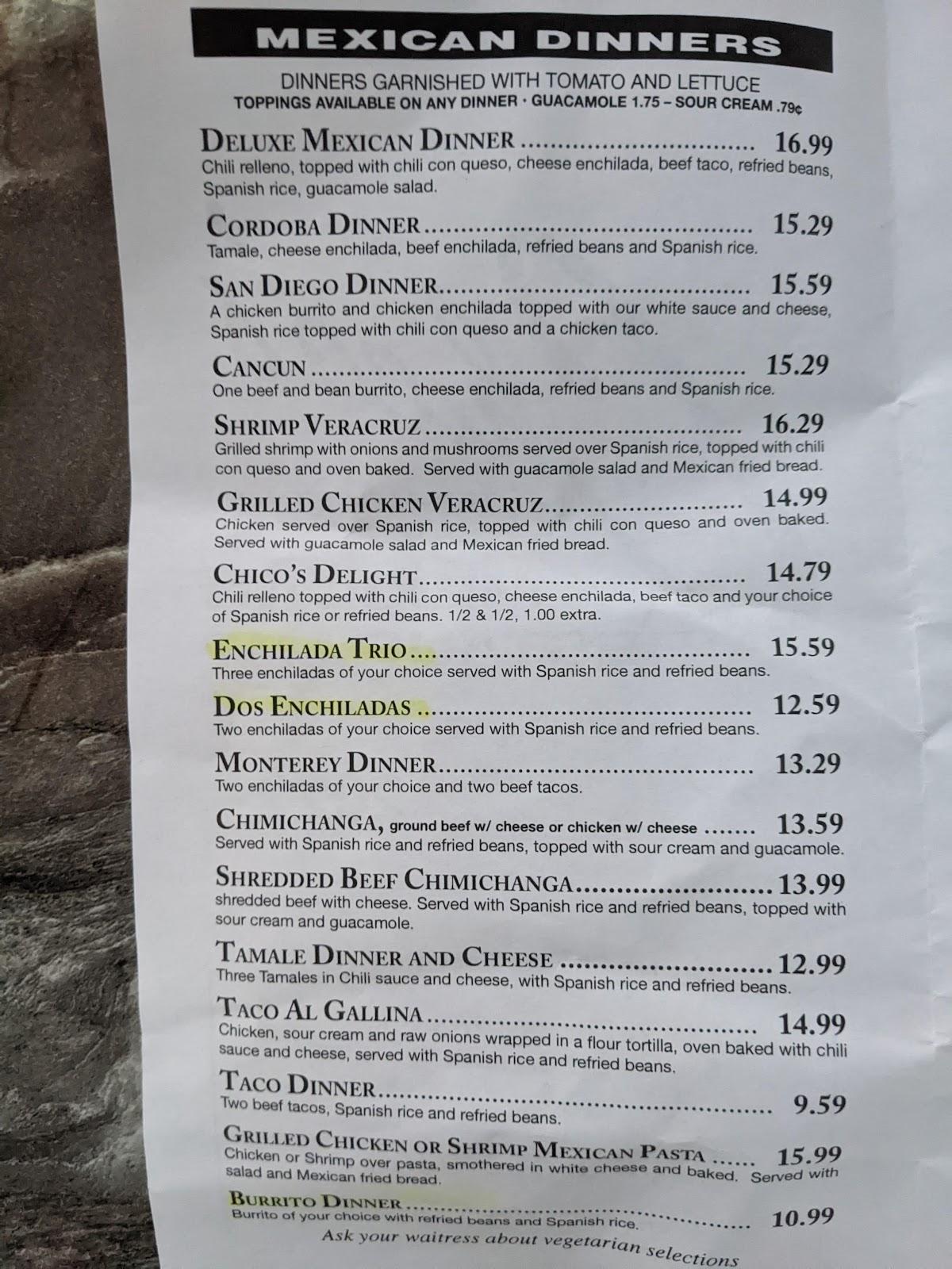 Menu at Chico's Mexican Restaurant, Palatka