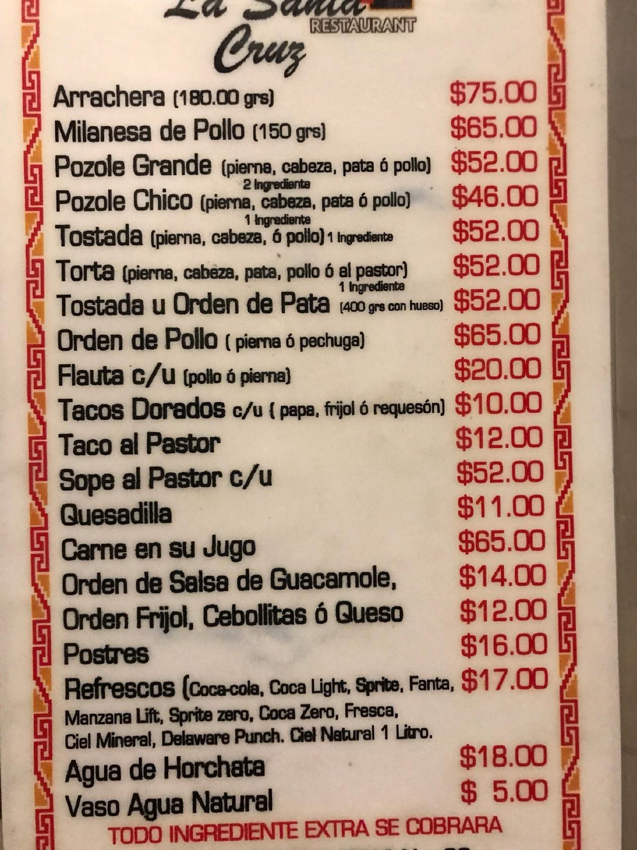 Carta del restaurante La Santa Cruz, Zapopan, Av. Juan Palomar y Arias 63