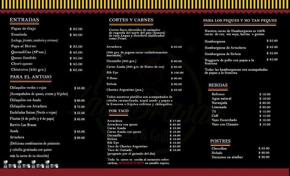 Carta del restaurante Las Brasas Taco & Grill, San Pedro Totoltepec