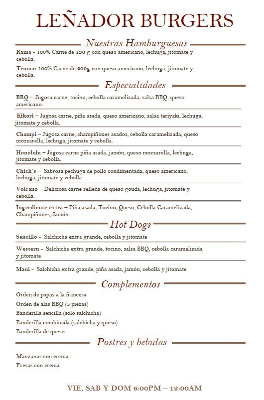 Menu at Leñador Burgers, Mexico City, Industria Nacional 52