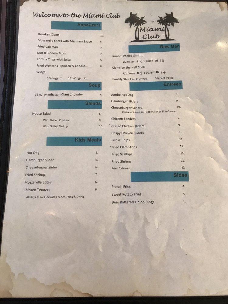 Menu at The Miami Club Restaurant, Keansburg