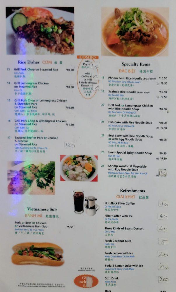Menu at Phở Pasteur Restaurant, Burnaby