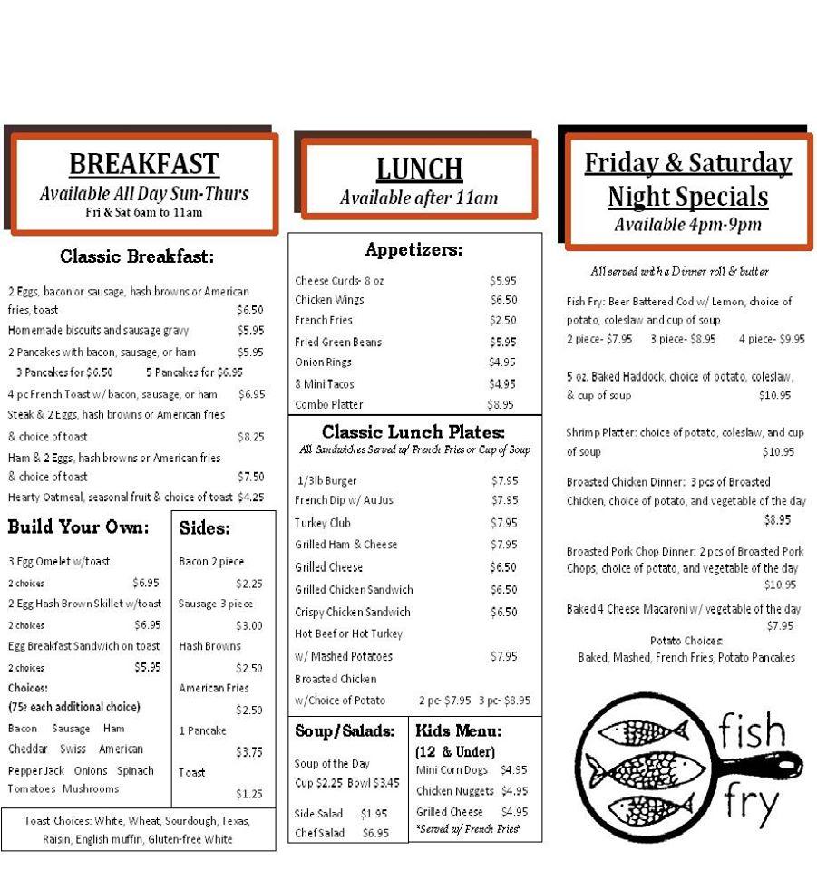 Menu at R.D.'s Diner restaurant, Stevens Point