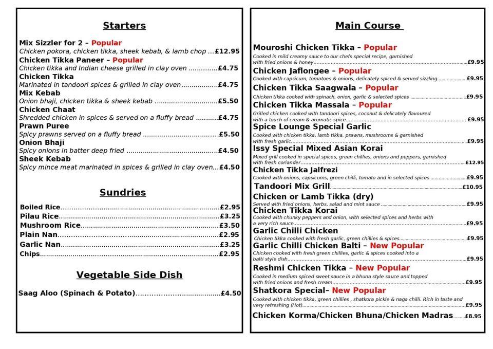 Menu at Spice Lounge restaurant, Bishop Auckland
