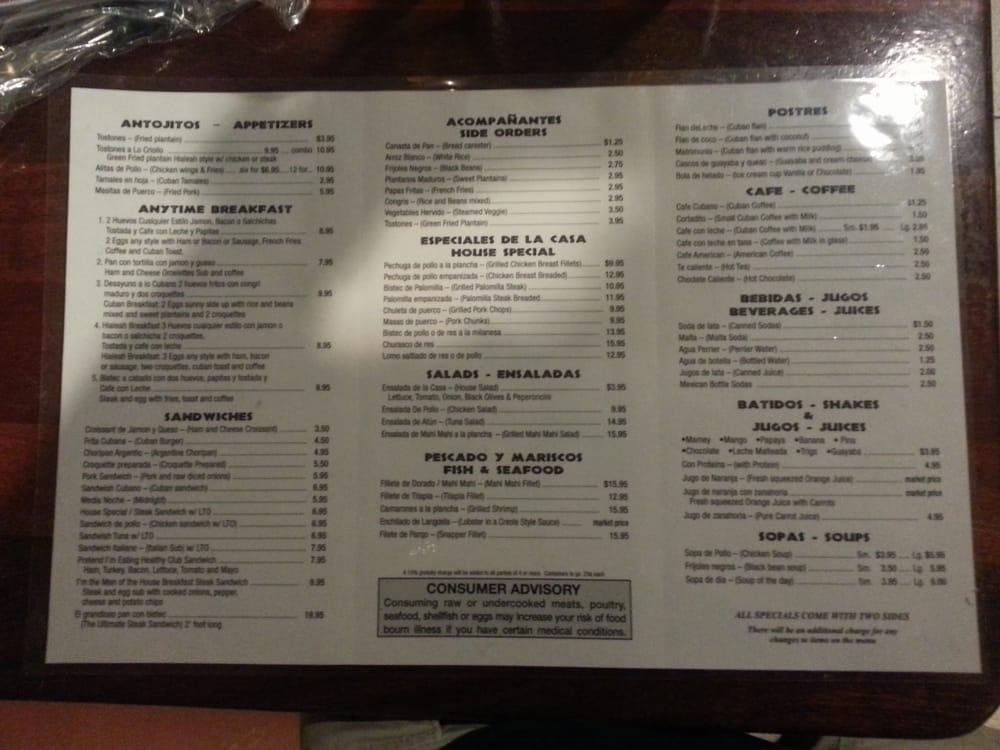 Menu at Three Palms Cuban Cafe, Miami