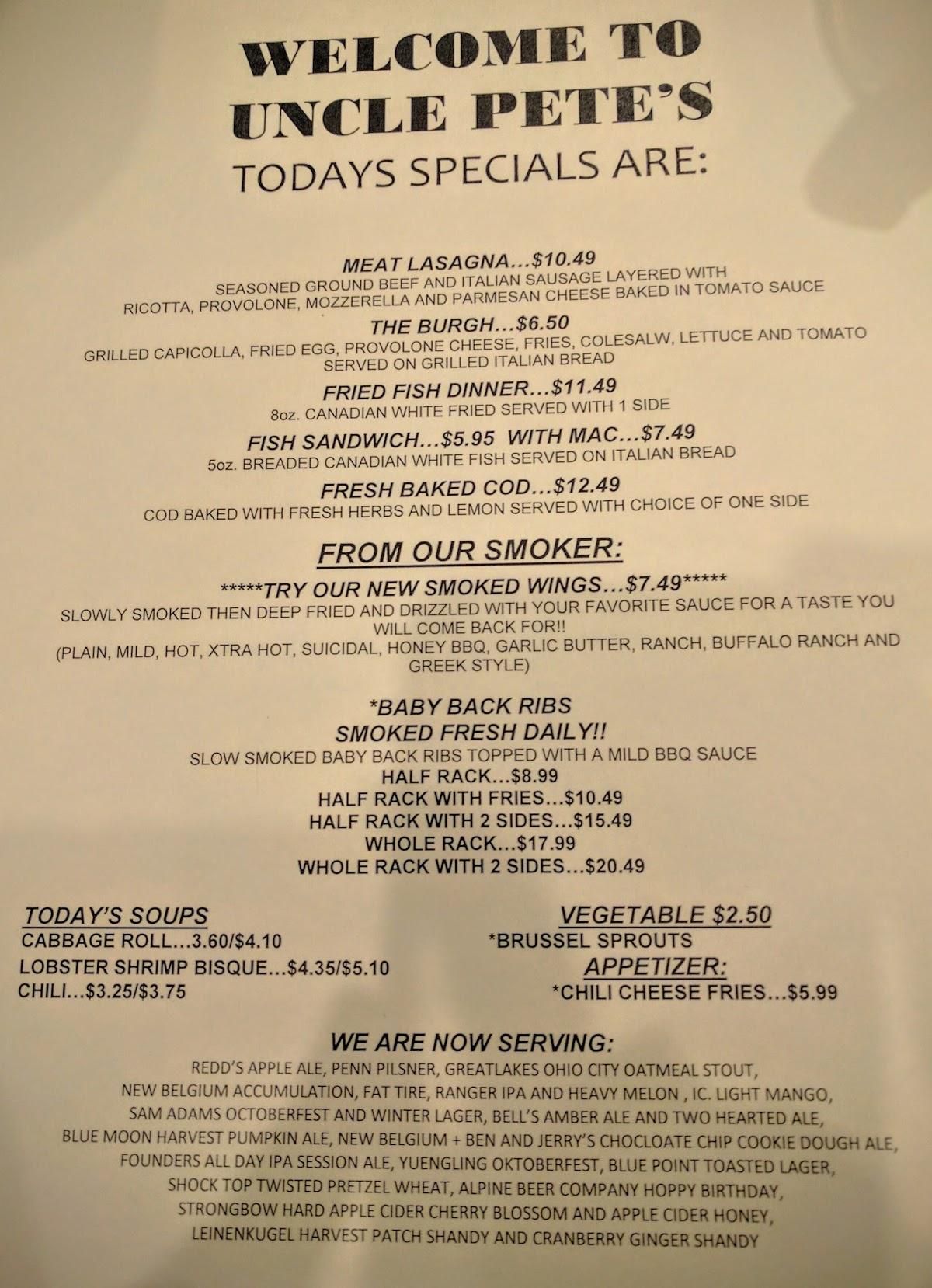 Menu at Uncle Pete's restaurant, Wheeling, 1 Community St
