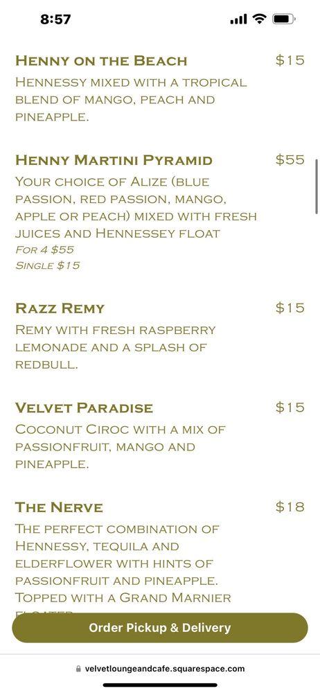 Menu at Velvet Lounge Cafe, Sunrise
