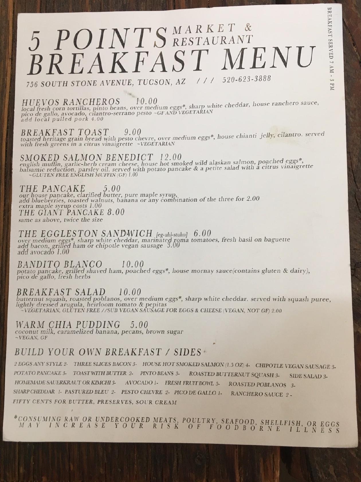 Menu at 5 Points Market & Restaurant, Tucson