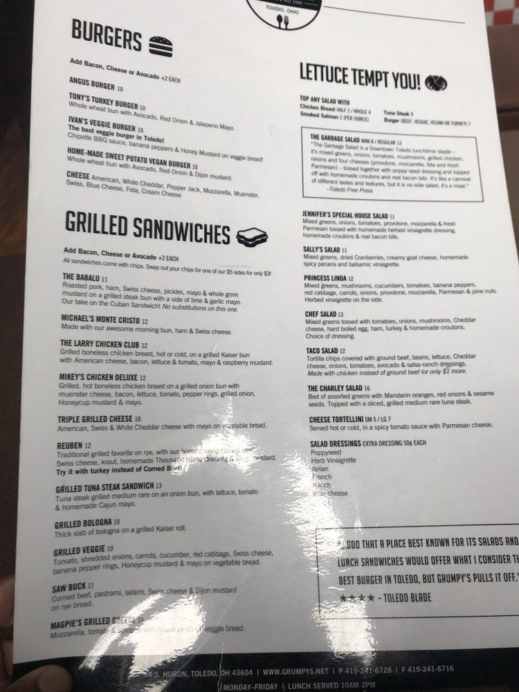 Menu at Grumpy's Toledo restaurant, Toledo