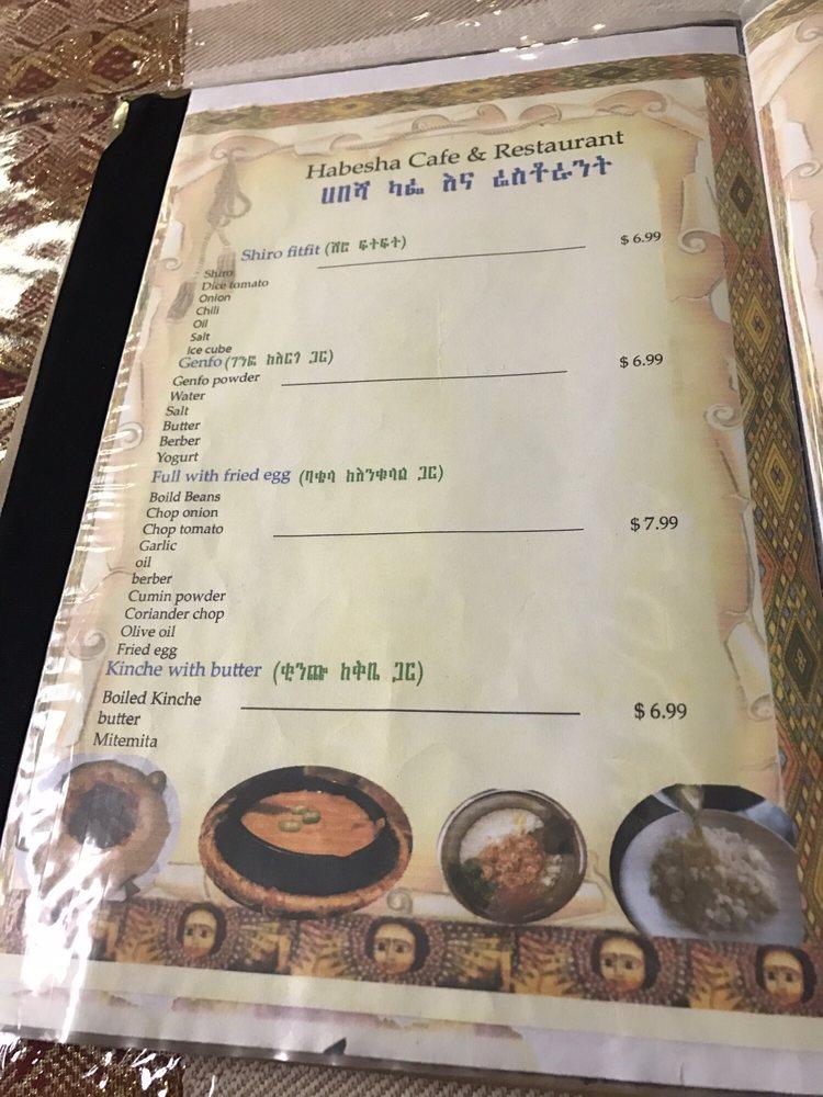 Menu at Habesha Ethiopian Restaurant, Cincinnati