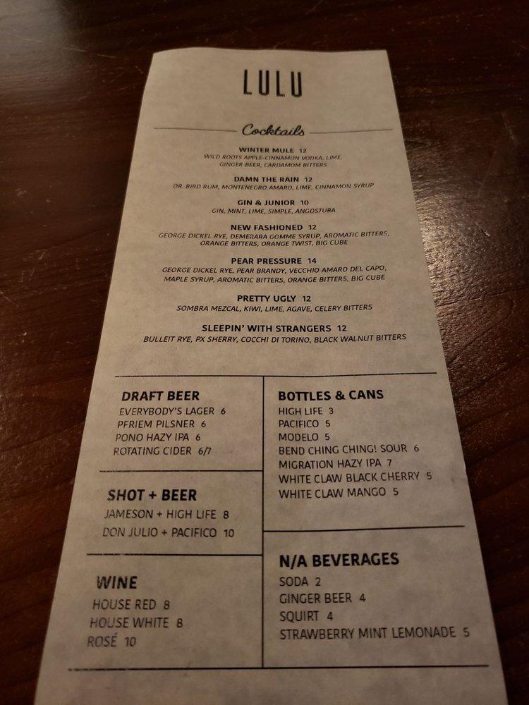 Menu at LULU pub & bar, Portland