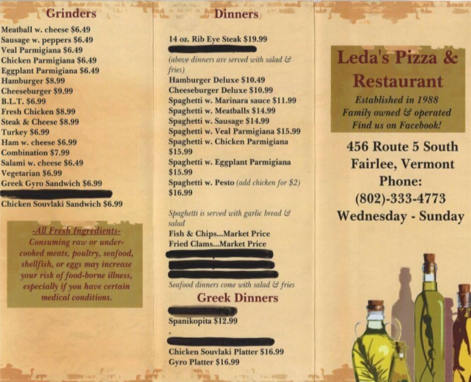 Menu at Leda's Pizza pizzeria, Fairlee, 456 US-5