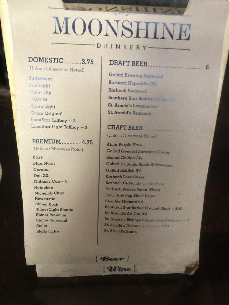 Menu at Moonshine Drinkery pub & bar, Victoria