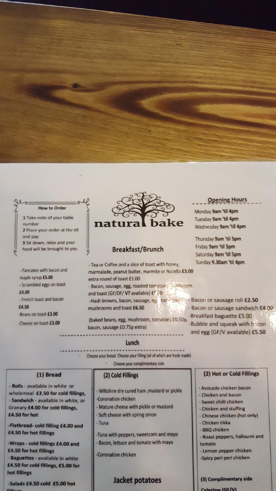 Menu at Natural Bake cafe, Hadleigh