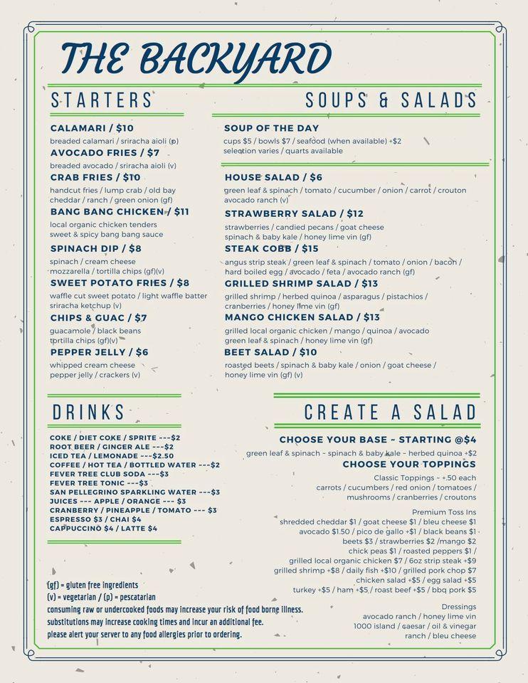 Menu at The Backyard restaurant, Milton