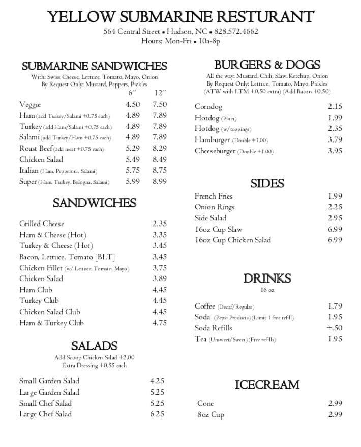 Menu at Yellow Submarine Restaurant, Hudson